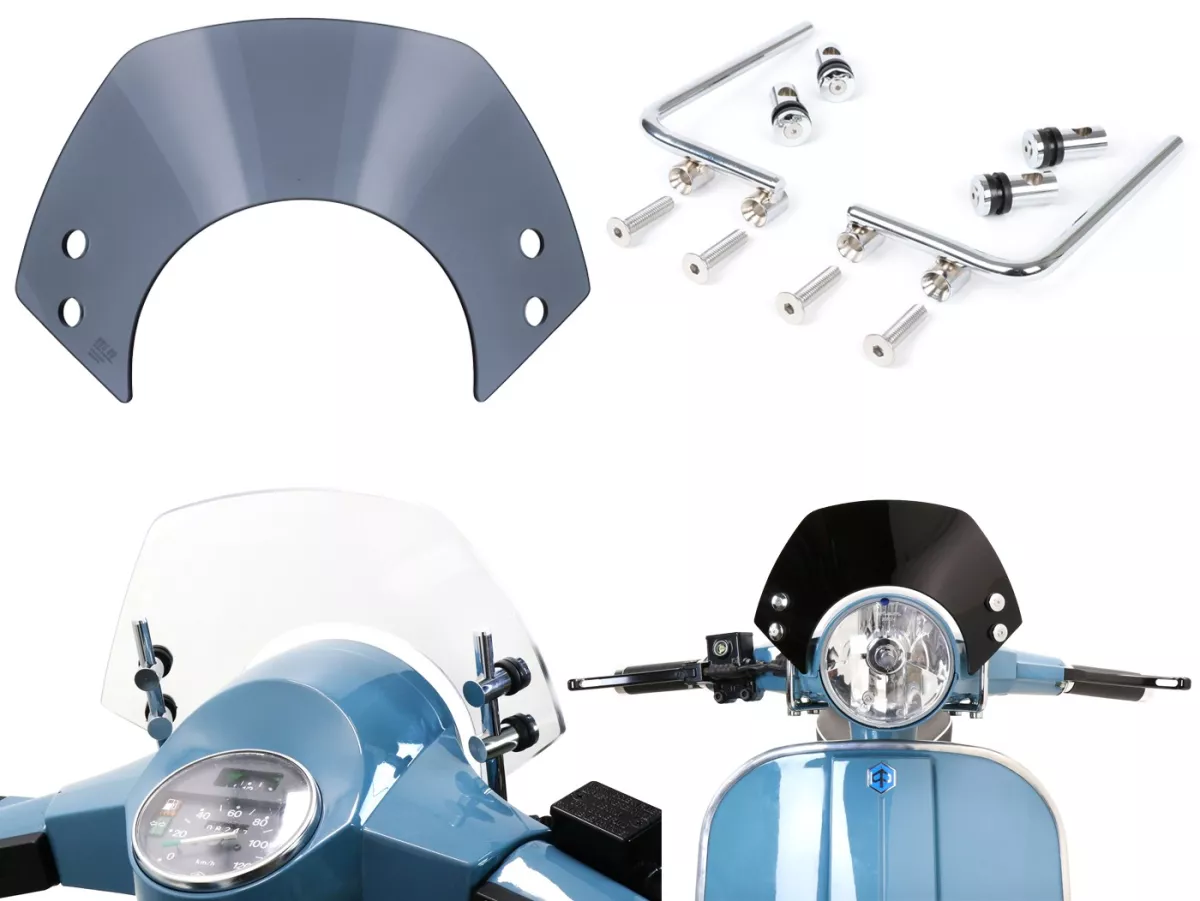 Flyscreen with chromed brackets -MOTO NOSTRA, w=300mm, h=105mm- Vespa ...