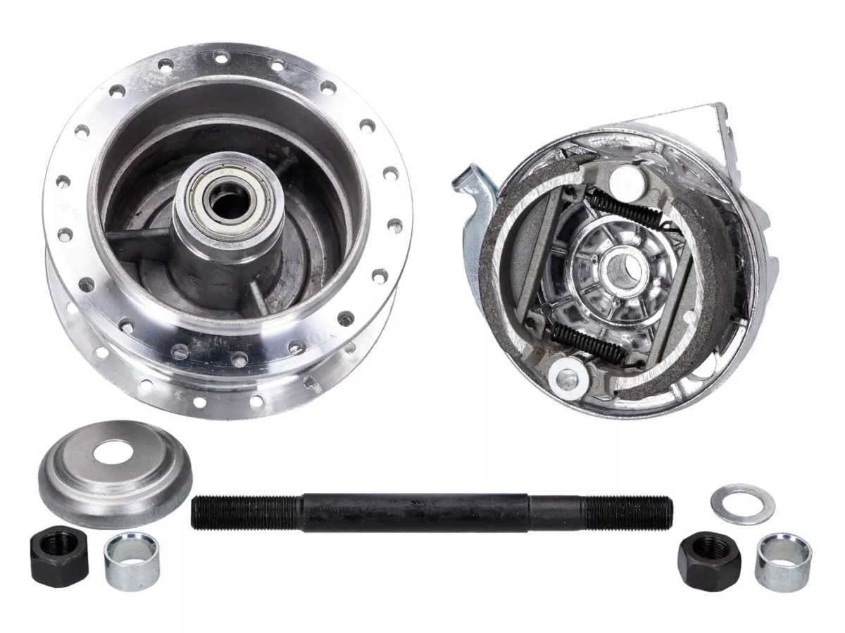 Complete wheel hub with brake anchor plate and front axle for Puch ...